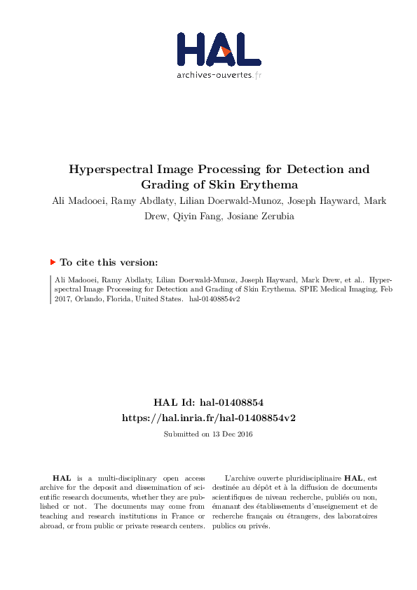 (PDF) Hyperspectral image processing for detection and grading of skin erythema