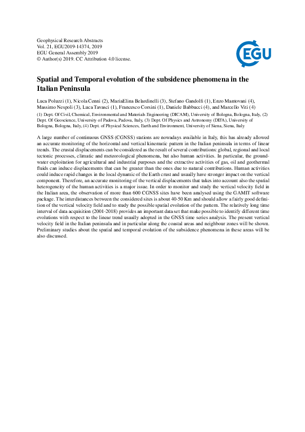 (PDF) Spatial and Temporal evolution of the subsidence phenomena in the Italian Peninsula