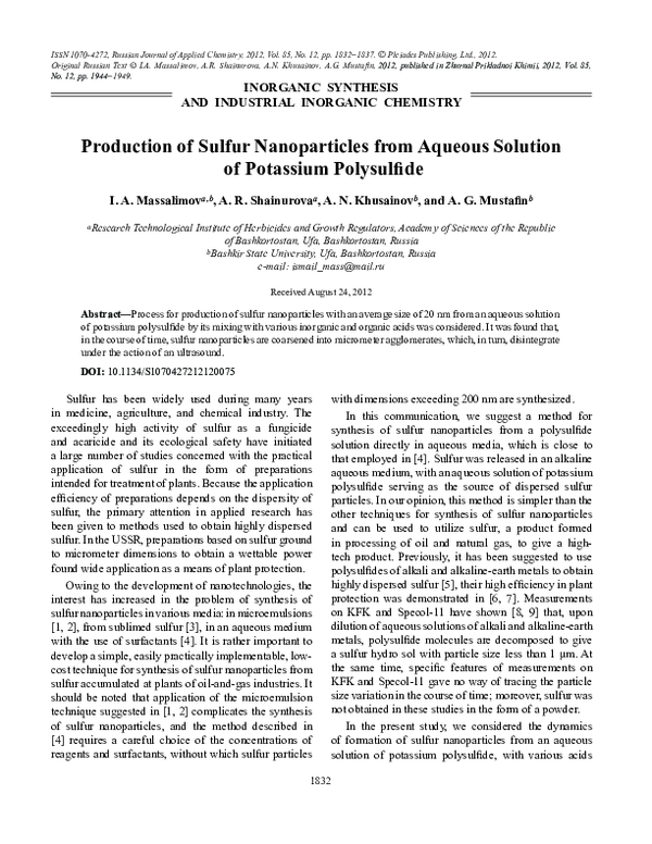 Pdf Production Of Sulfur Nanoparticles From Aqueous Solution Of