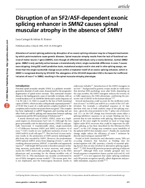 (PDF) Disruption of an SF2/ASF-dependent exonic splicing enhancer in ...