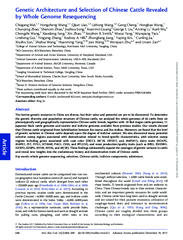 (PDF) Genetic architecture and selection of Chinese cattle revealed by whole genome resequencing