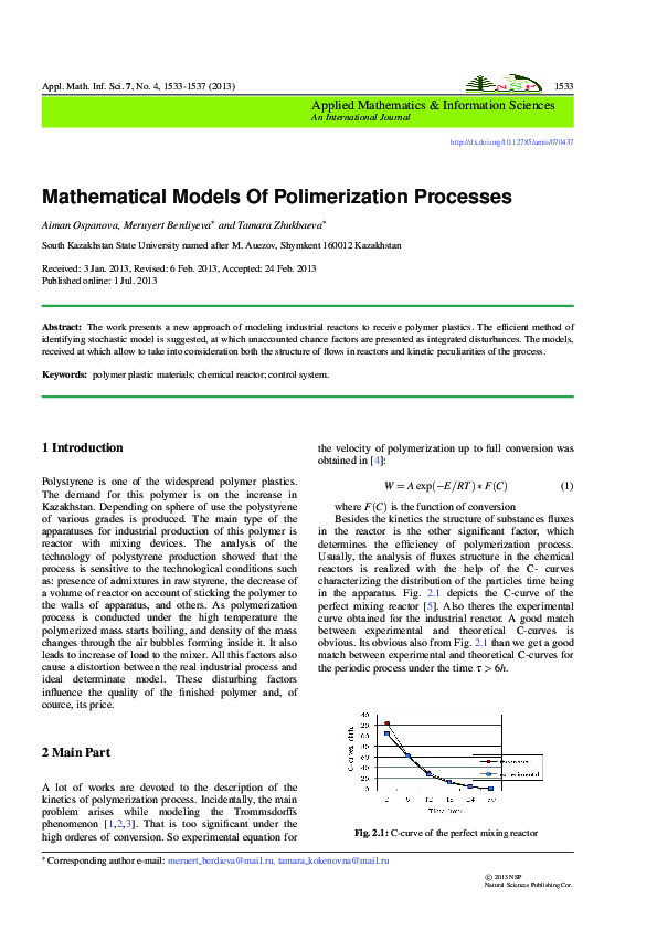 (PDF) Mathematical Models Of Polimerization Processes
