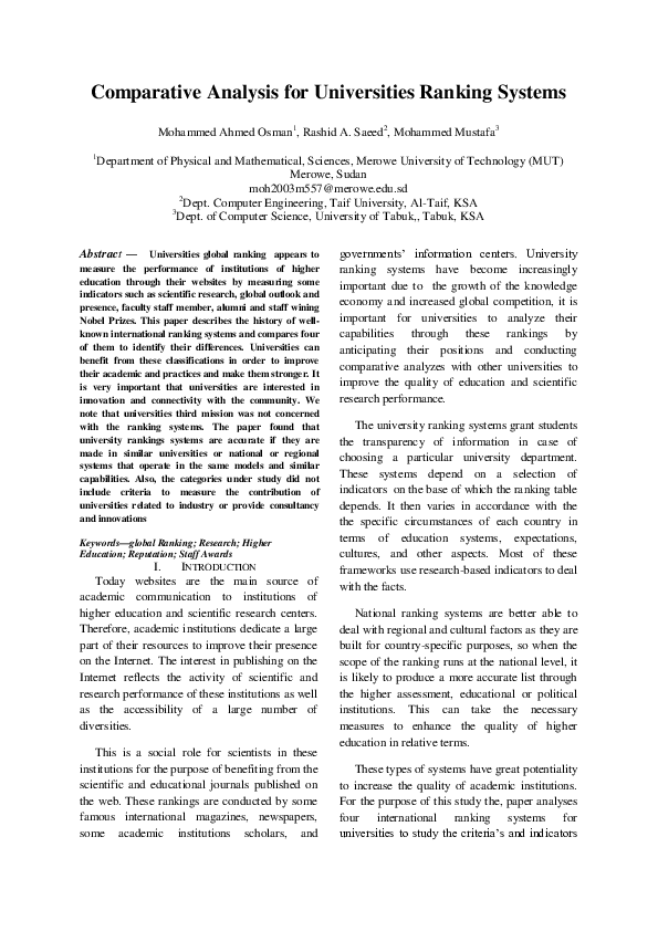 (PDF) Comparative Analysis for Universities Ranking Systems
