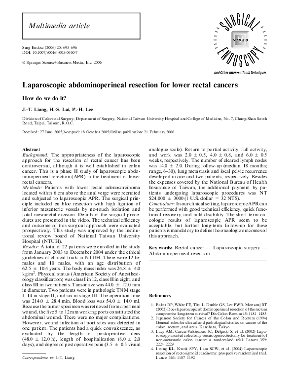 Pdf Laparoscopic Abdominoperineal Resection For Lower Rectal Cancers
