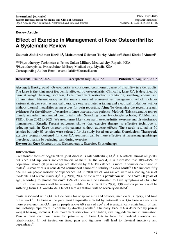 (PDF) Effect of Exercise in Management of Knee Osteoarthritis: A ...