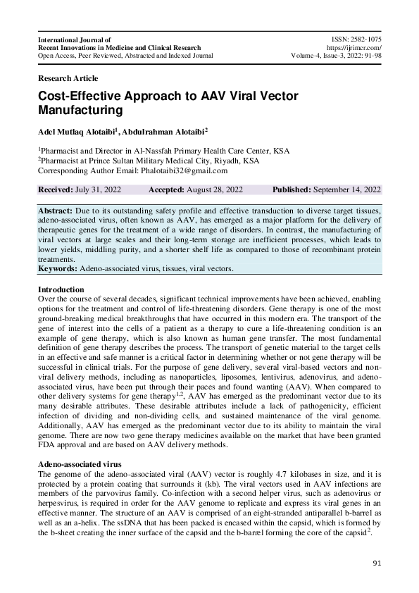 (PDF) Cost-Effective Approach to AAV Viral Vector Manufacturing ...
