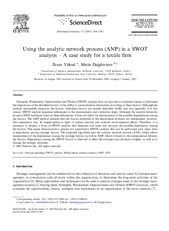 (PDF) Using the analytic network process (ANP) in a SWOT analysis – A ...