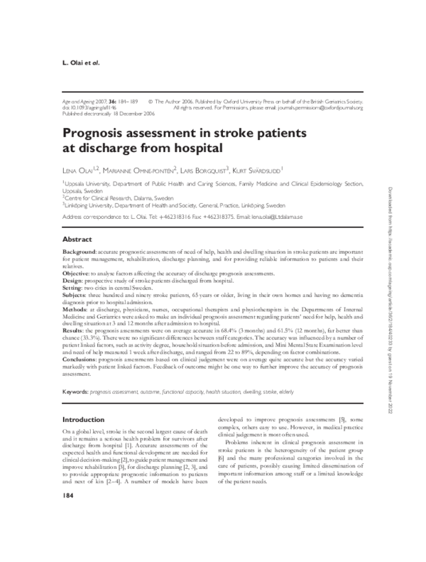 (PDF) Prognosis assessment in stroke patients at discharge from hospital