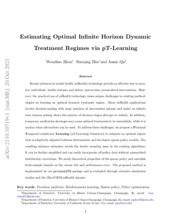 (PDF) Estimating Optimal Infinite Horizon Dynamic Treatment Regimes via pT-Learning | Annie Qu ...