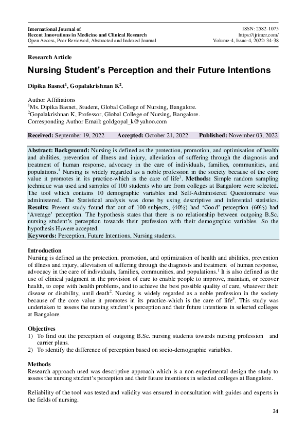 (PDF) Nursing Student’s Perception and their Future Intentions | International Journal of Recent ...