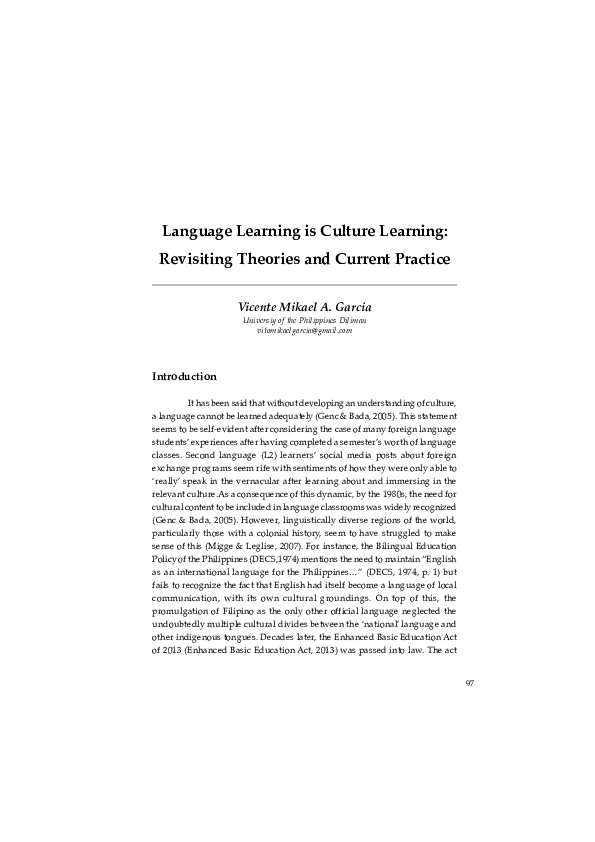 (PDF) Language Learning is Culture Learning: Revisiting Theories and ...