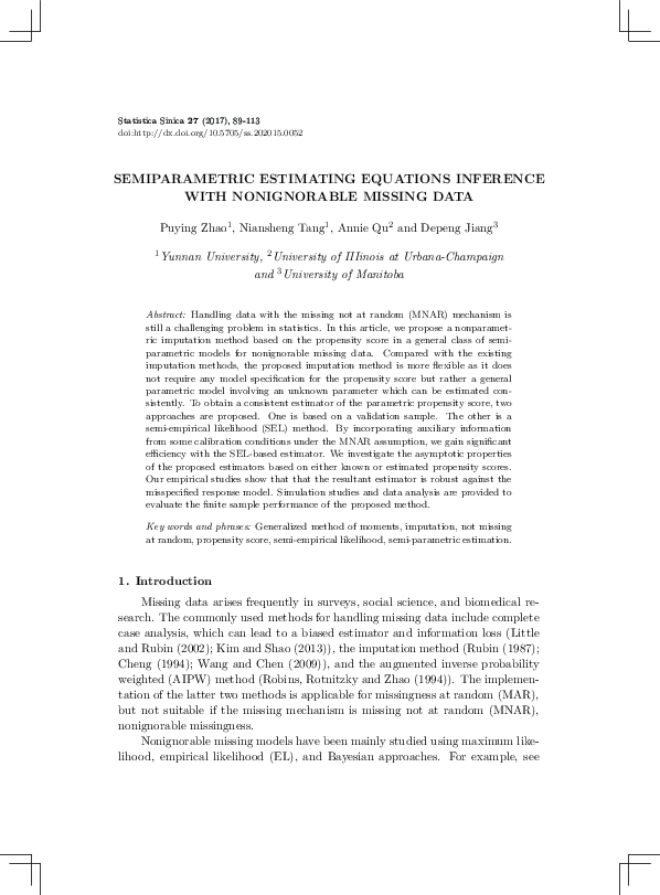 (PDF) Semiparametric Estimating Equations Inference with Nonignorable Nonresponse | Annie Qu ...