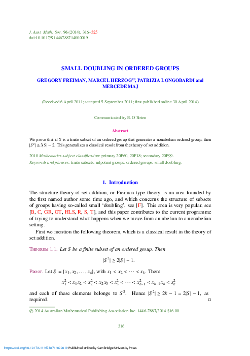 (PDF) Small Doubling in Ordered Groups