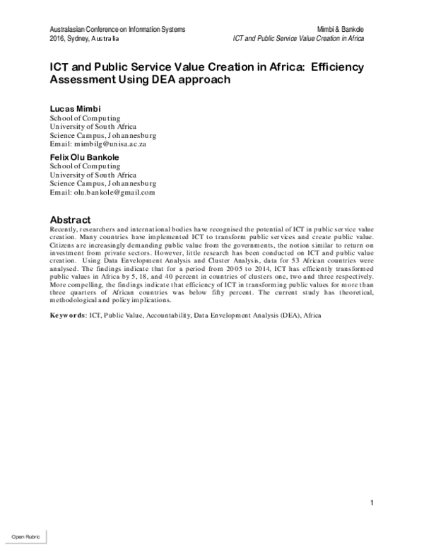 (PDF) ICT and Public Service Value Creation in Africa: Efficiency Assessment Using DEA approach