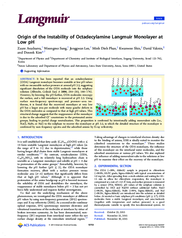 (PDF) Origin of the Instability of Octadecylamine Langmuir Monolayer at Low pH