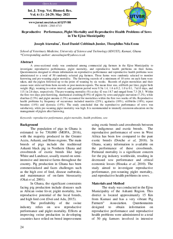 (PDF) Reproductive Performance, Piglet Mortality and Reproductive ...