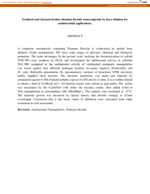 (PDF) Synthesis and characterization titanium dioxide nanocomposite by laser ablation for ...