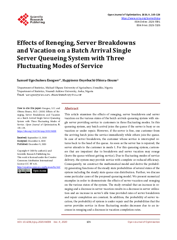 (PDF) Effects of Reneging, Server Breakdowns and Vacation on a Batch Arrival Single Server ...