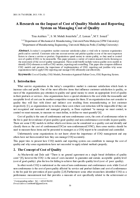 (PDF) A Research on the Impact of Cost of Quality Models and Reporting ...