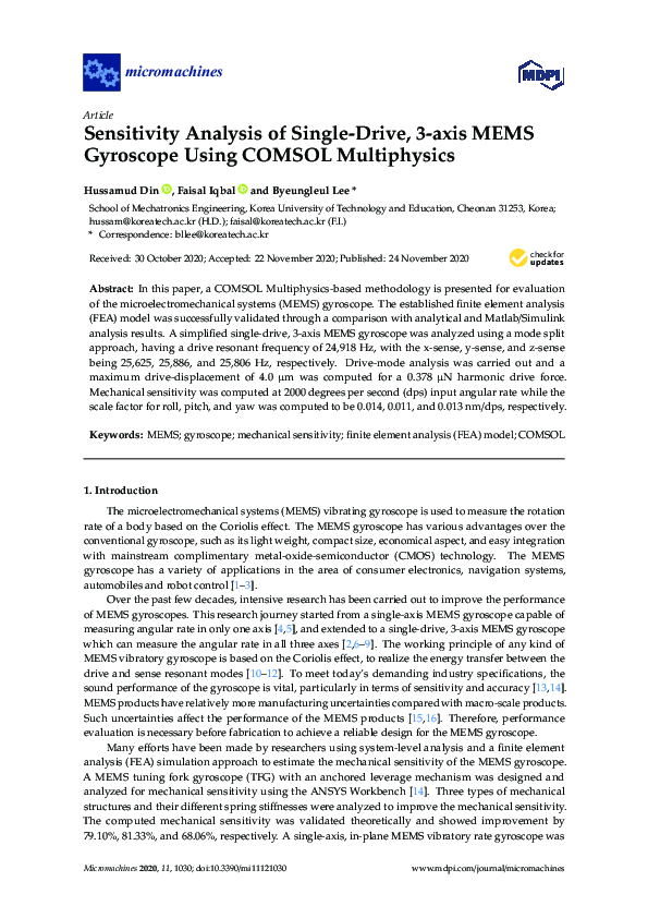 Pdf Sensitivity Analysis Of Single Drive 3 Axis Mems Gyroscope Using Comsol Multiphysics