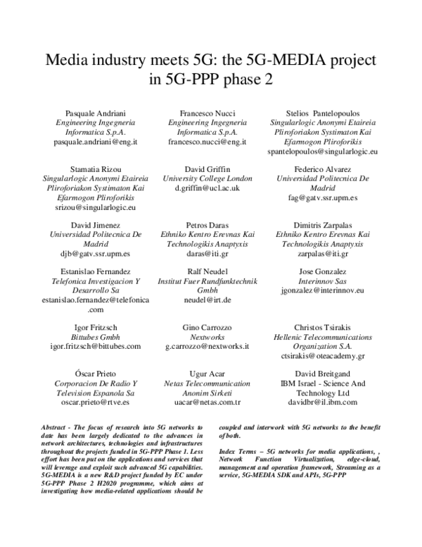 (PDF) Media Industry Meets 5G: The 5G-Media Project In 5G-Ppp Phase 2 ...