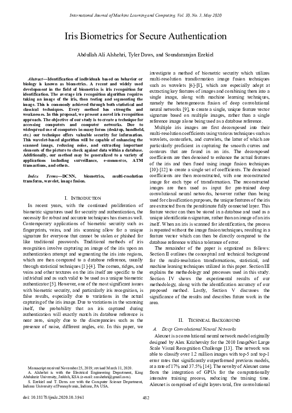 (PDF) Iris Biometrics for Secure Authentication