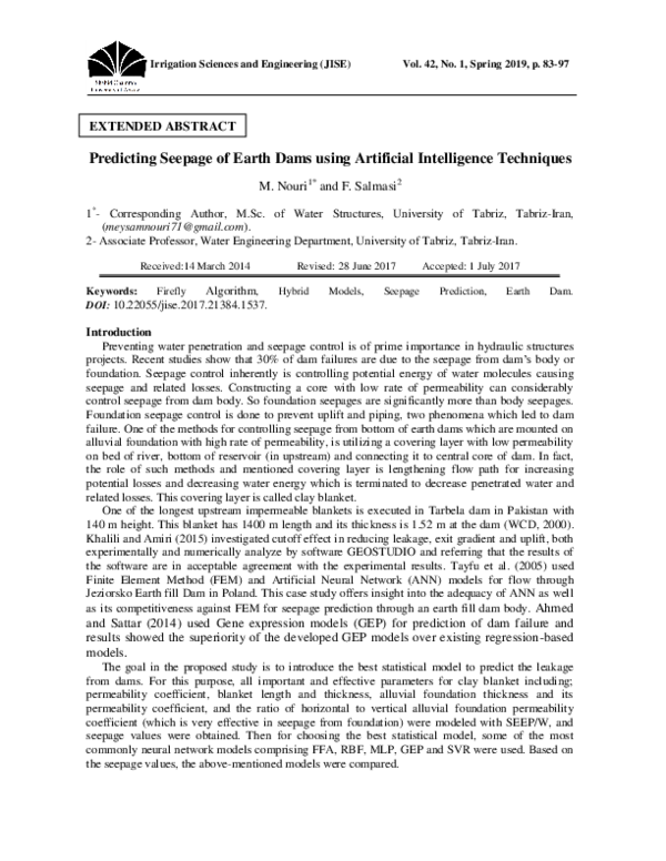 Pdf Predicting Seepage Of Earth Dams Using Artificial Intelligence Techniques