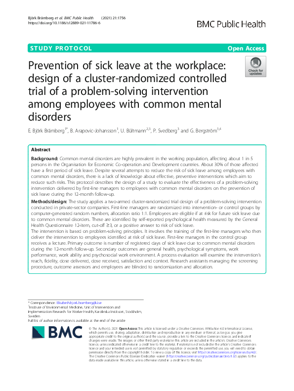 (PDF) Prevention of sick leave at the workplace: design of a cluster-randomized controlled trial ...