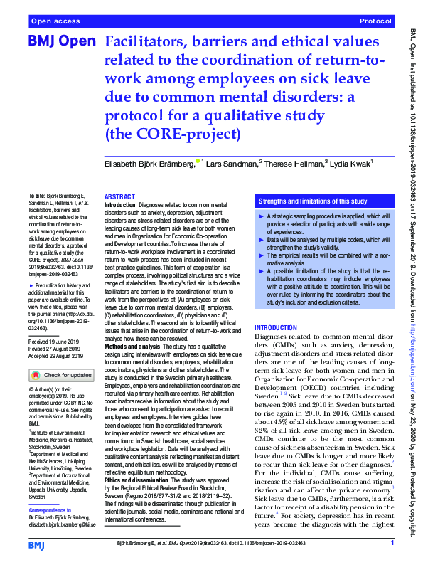 (PDF) Facilitators, barriers and ethical values related to the coordination of return-to-work ...