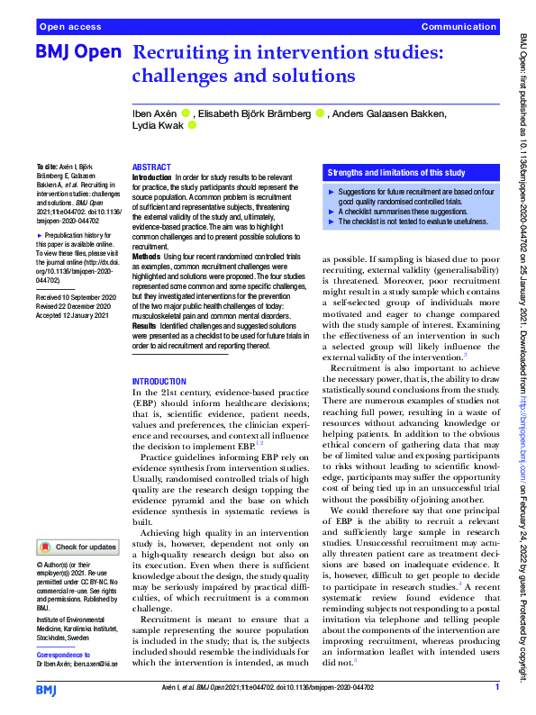 (PDF) Recruiting in intervention studies: challenges and solutions
