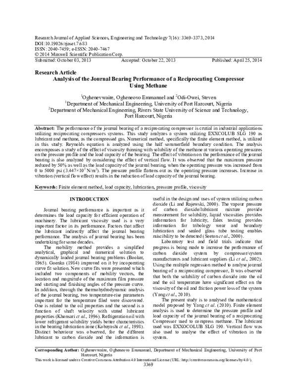 Pdf Analysis Of The Journal Bearing Performance Of A Reciprocating Compressor Using Methane
