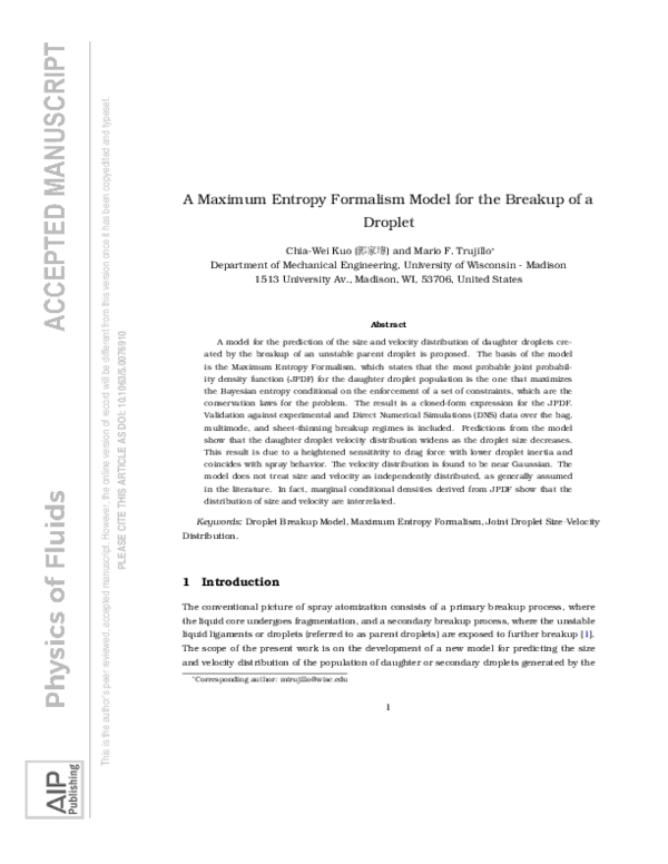 (PDF) A maximum entropy formalism model for the breakup of a droplet