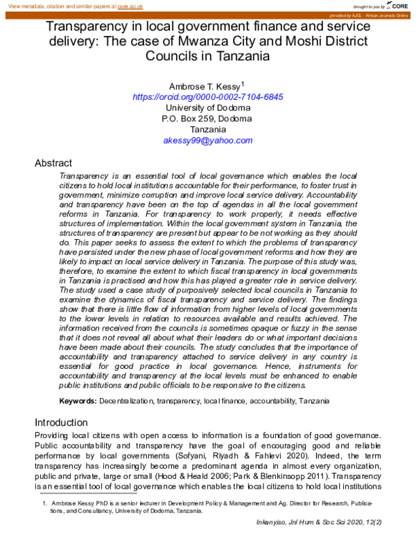 (PDF) Transparency in local government finance and service delivery ...