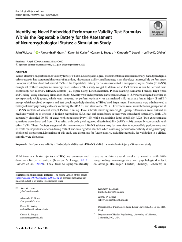 (PDF) Identifying Novel Embedded Performance Validity Test Formulas ...