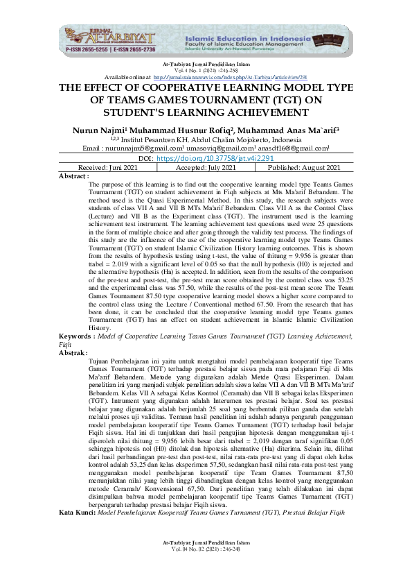 (PDF) The Effect Of Cooperative Learning Model Type Of Teams Games Tournament (Tgt) On Student's ...