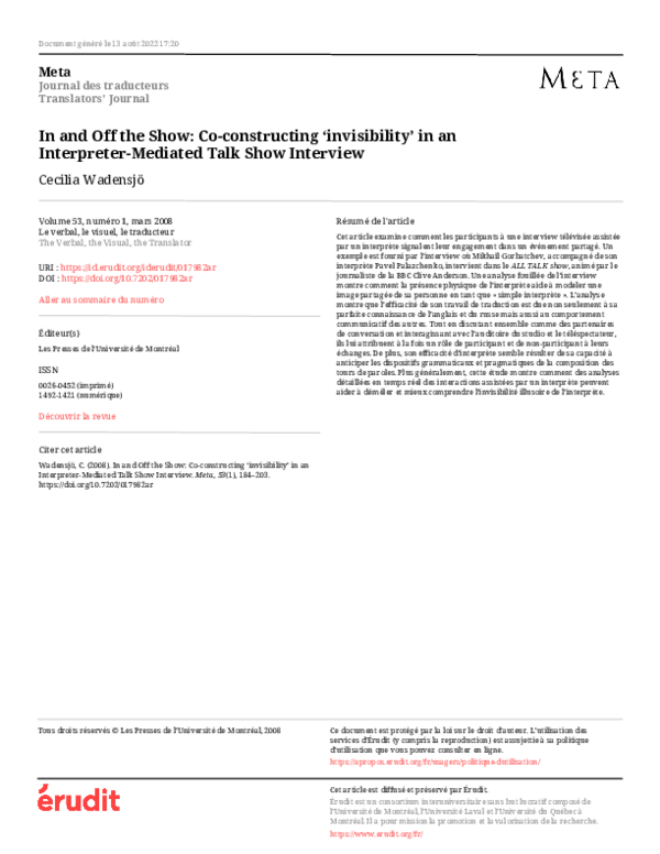 (PDF) In and Off the Show: Co-constructing ‘invisibility’ in an ...
