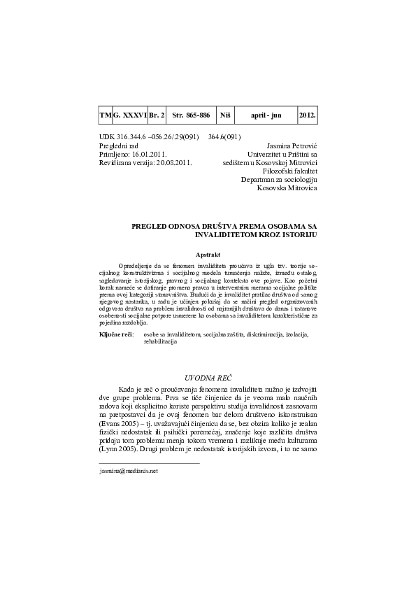 (PDF) Pregled Odnosa Društva Prema Osobama Sa Invaliditetom Kroz Istoriju a Contribution to the ...