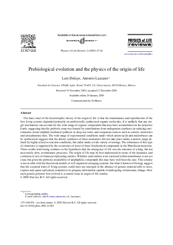 (PDF) Prebiological evolution and the physics of the origin of life