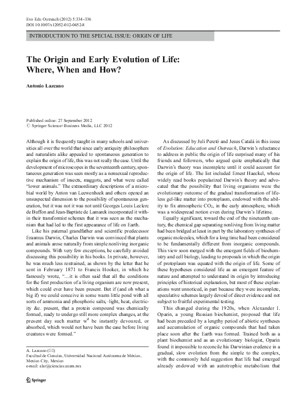(PDF) The Origin and Early Evolution of Life: Where, When and How?