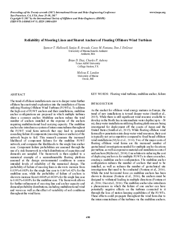 Pdf Reliability Of Mooring Lines And Shared Anchors Of Floating Offshore Wind Turbines