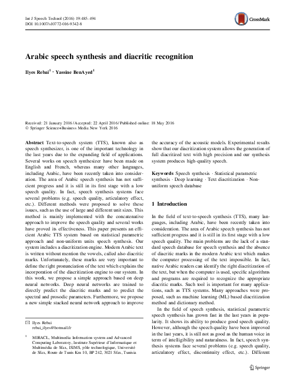 (PDF) Arabic speech synthesis and diacritic recognition
