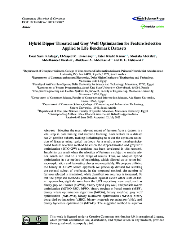 (PDF) Hybrid Dipper Throated and Grey Wolf Optimization for Feature Selection Applied to Life ...