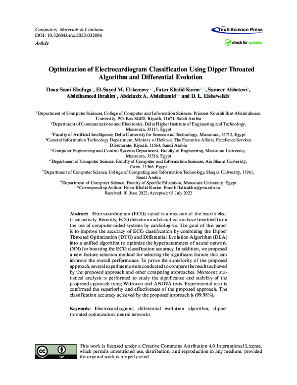 Pdf Optimization Of Electrocardiogram Classification Using Dipper Throated Algorithm And
