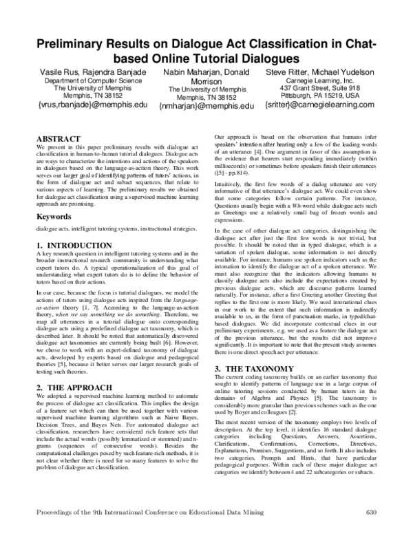 (PDF) Preliminary Results On Dialogue Act and Subact Classification in Chat-based Online ...