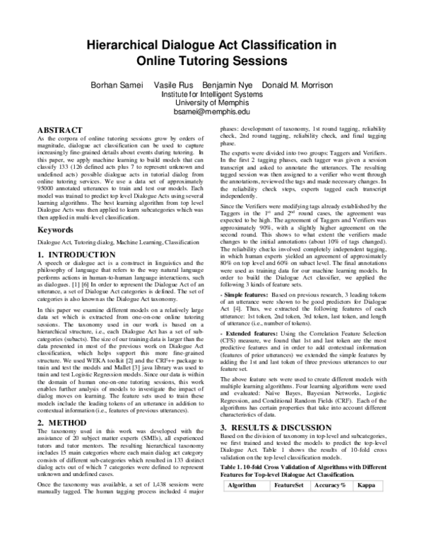 (PDF) Hierarchical Dialogue Act Classification in Online Tutoring Sessions