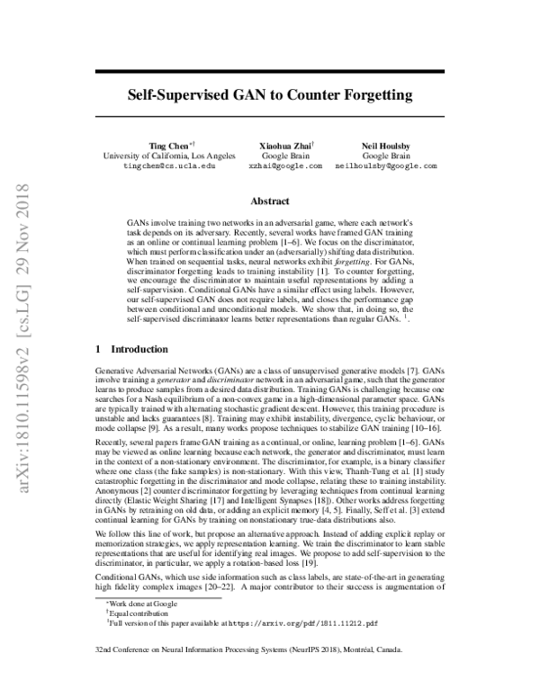 (PDF) Self-Supervised GAN to Counter Forgetting | Neil Houlsby ... (PDF) Self-Supervised GAN to Counter Forgetting | Neil Houlsby ...