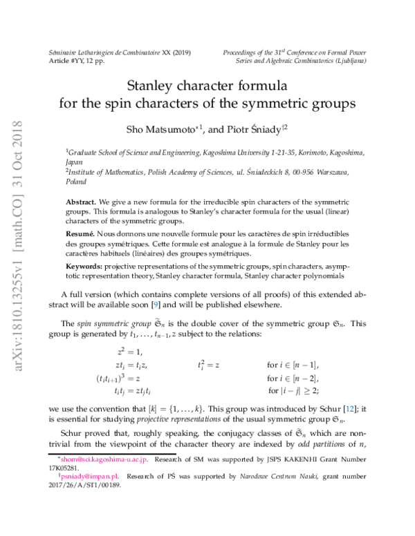 (PDF) Stanley character formula for the spin characters of the ...