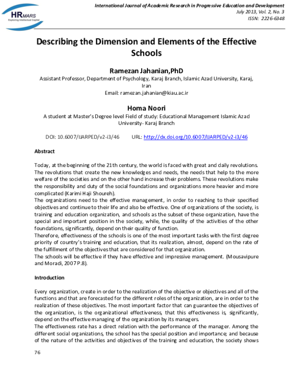 (PDF) Describing the Dimension and Elements of the Effective Schools