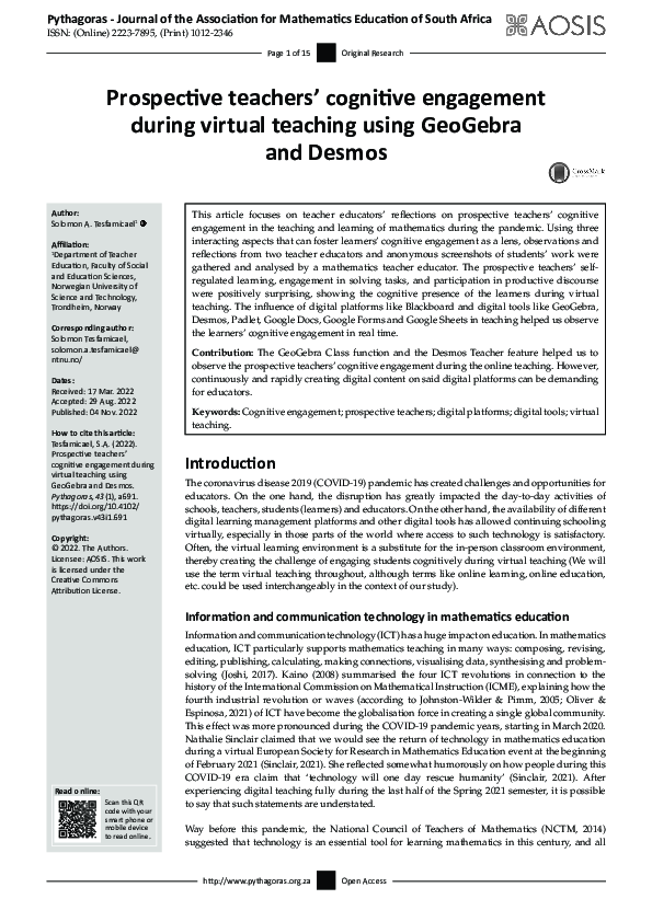 (PDF) Prospective teachers’ cognitive engagement during virtual teaching using GeoGebra and Desmos