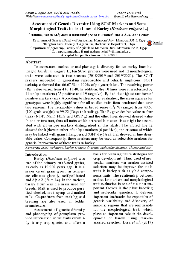 (PDF) Assessment of genetic diversity using SCoT markers and some morphological traits in ten ...